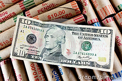 Ten Dollar Bill On Coin Wraps Royalty-Free Stock Photo | CartoonDealer ...