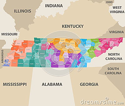 Tennessee Vector Congressional Distrcits Map With Nearest States ...