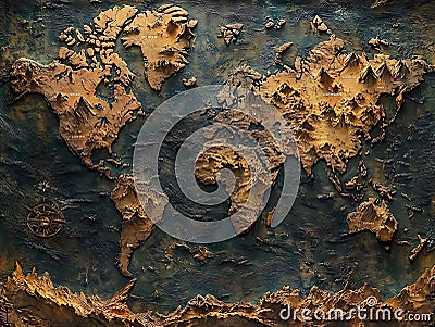 Textured World Map With Embossed Continents, Artistic Design Stock ...