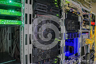 There Are Many Telecommunications Equipment In The Racks Of The Data ...