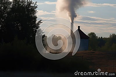 Thin Wisps Of Smoke Rise Lazily From Countryside Chimney. Generative AI ...