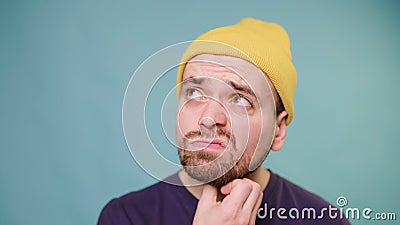 Thinking Guy Looking Up and Around on Blue Background. Pensive Confused ...