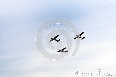 Three Airplanes Flying On Airshow, Performance, Skill Teamwork Royalty ...