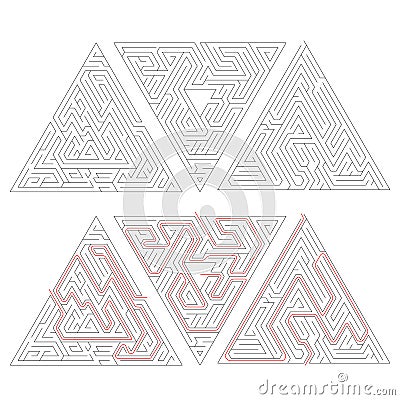 Three Complicated Triangle Labyrinths With Red Path Of Solution ...
