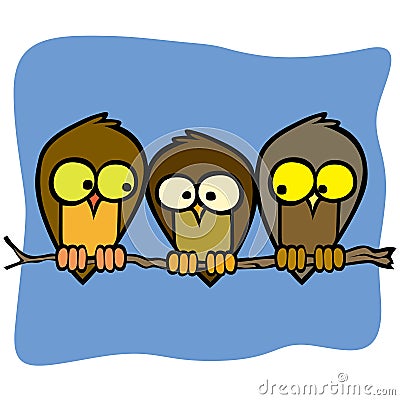 Three Cute Isolated Cartoon Birds In A Tree Branch Stock Photography ...