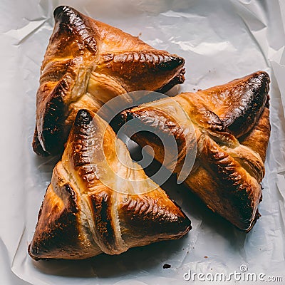 Three Golden Brown Triangular Pastries On White Surface, Inviting With ...