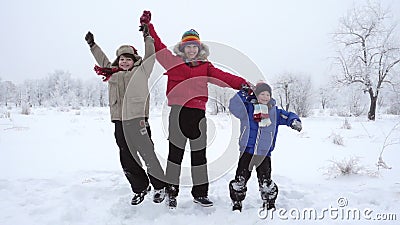 Three Kids Jumping Together On Winter Landscape, Slow Motion Stock ...