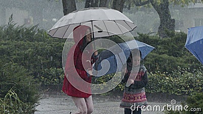 Kids in the Pouring Rain Having Fun Jumping with Umbrellas - Slow ...