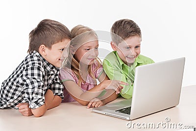 Three Kids Using Computer On White Background. Stock Photo - Image ...