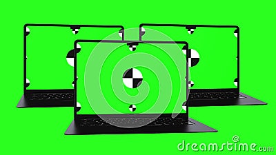 Three Laptop Revolves Around on a Green Background. Green Screen with ...