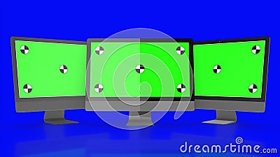 Three Modern Computers with Green Screen, Isolated on Blue Background ...