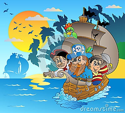 Three Pirates In Boat Near Island Royalty Free Stock Image - Image ...