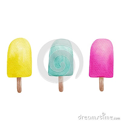 Three Servings Of Pink, Yellow And Blue Ice Cream On A Stick. Bright ...