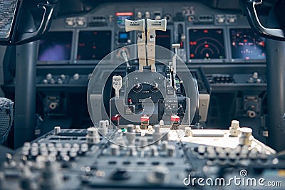 Thrust Levers In Cockpit Or Pilot Cabin Of Airplane Royalty-Free Stock ...