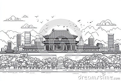 Tiananmen Gate Beijing Skyline Architectural Drawing Black And White ...
