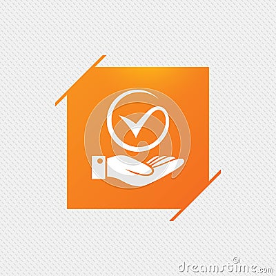 Tick And Hand Sign. Palm Holds Check Mark Symbol. Vector Illustration ...