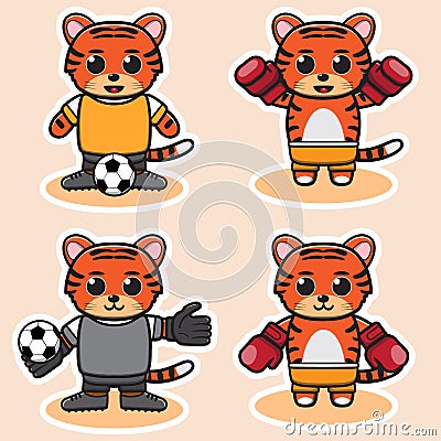 Vector Illustration Of Cute Tiger Boxing And Football Cartoon ...