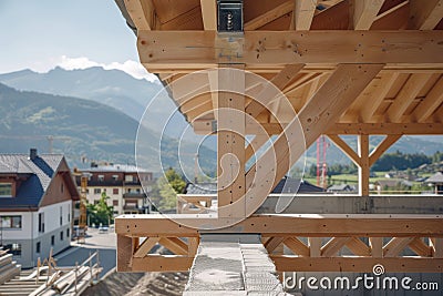 Timber Beams Form Detailed Building Framework At Construction Site ...
