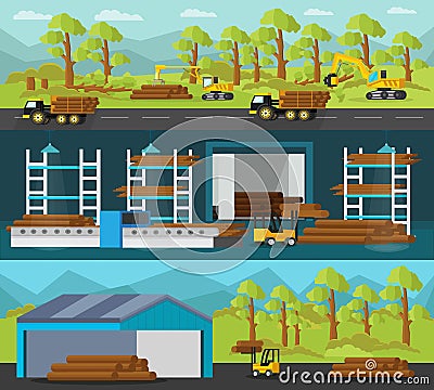 Timber Production Horizontal Banners Vector Illustration ...
