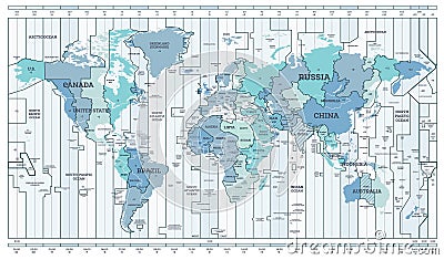 Time Zone Blue Map. Detailed World Map With Countries Names Vector ...