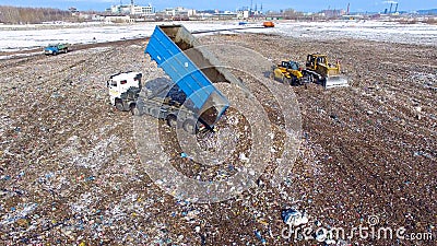 Timelapse. Dump Truck Discharging Waste at a Waste Disposal Dump. Drone ...