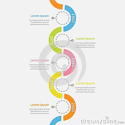 Timeline Vertical Infographic With Snail Shape Ribbon, Dash Line ...