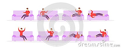 Tired Characters People Resting Sitting On A Bed Or Sofa. Royalty-Free ...