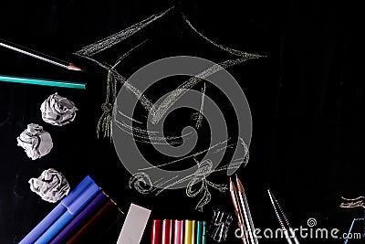 Top Shot Of A Chalk Drawn Convocation Hat With Sketch, Pens, Pencil ...