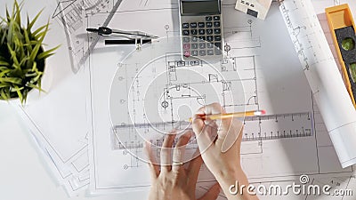 Top View of Architect Drawing with Ruler on House Plan Blueprint Paper ...