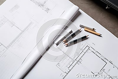 Top View Architecture Plan Blueprint In Modern Office - Ai Generated ...