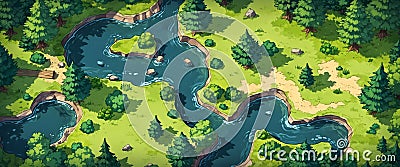 Top View, Game Map, Forest And Floating Lands Landscape Illustration ...