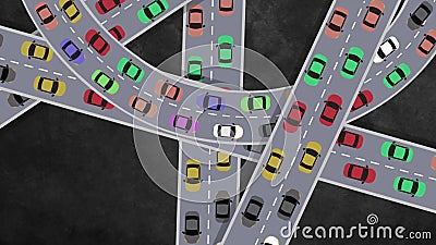 Top View on Heavy Traffic Cars Driving in Intersection in Rush Hour ...