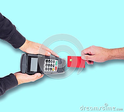 Top View Of Person Paying Using Credit Card Or Debit Card Stock Photo ...