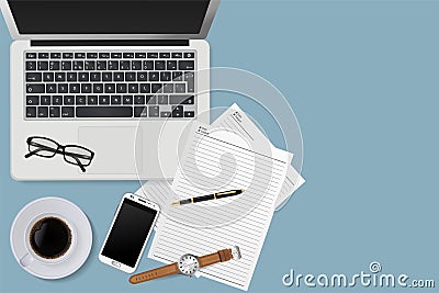 Top View Work Desk With Laptop Computer. Vector Illustration ...