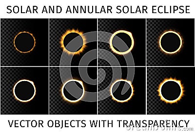 Total And Annular Solar Eclipse. Set Of Different Eclipses On A Dark Background With With An ...