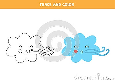 Trace And Color Cute Wind Cloud. Worksheet For Kids. Cartoon Vector ...