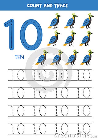 Trace Numbers. Number 10 Ten. Cute Cartoon Monal Bird. | CartoonDealer ...