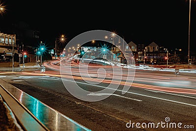 Traffic Lights On Intersection In Night Time Stock Photo ...