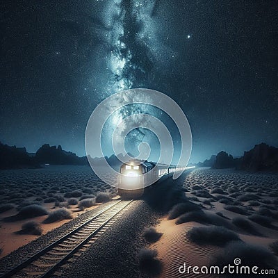 A Train Traversing A Desert Landscape Under A Starry Night Sky,with The ...