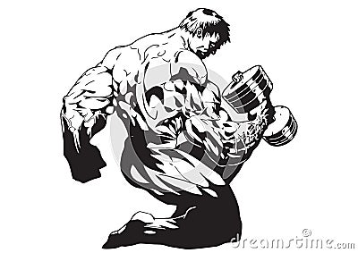 Bodybuilder Pose Standing On One Knee With Dumbbells Cartoon Vector ...