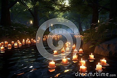 Tranquil Stream With Floating Memorial Candles A Stock Image ...