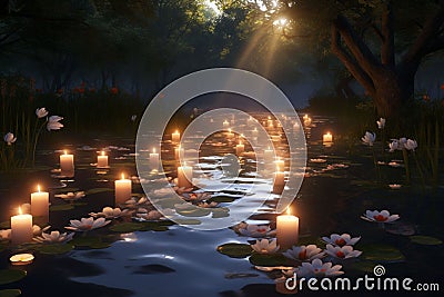 Tranquil Stream With Floating Memorial Candles A Royalty-Free Stock ...