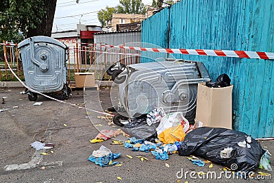 Trash In Overloaded Garbage Bins In Courtyard Of Residential District ...