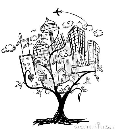 Tree Of City Life Illustration Pencil Drawing Cartoon Vector ...