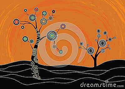 Tree On The Hill, Aboriginal Tree, Aboriginal Art Vector Painting With ...
