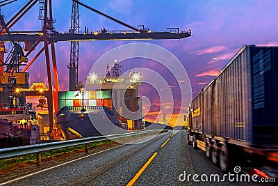 Container Truck ,ship in Port and Freight Cargo Plane in Transport and ...