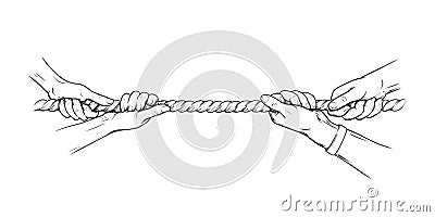 Tug War Competition With Rope. Hands Pulling Rope. Sketch Hand Drawn ...