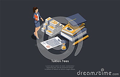Tuition Fees Concept Vector Illustration In Cartoon 3D Style. Dark ...