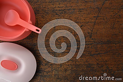 Tupperware Serving Set With Wood Table Background Stock Photo ...