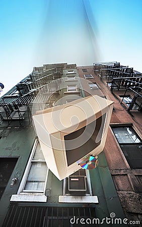 TV falling out of window - Stock Image - Everypixel